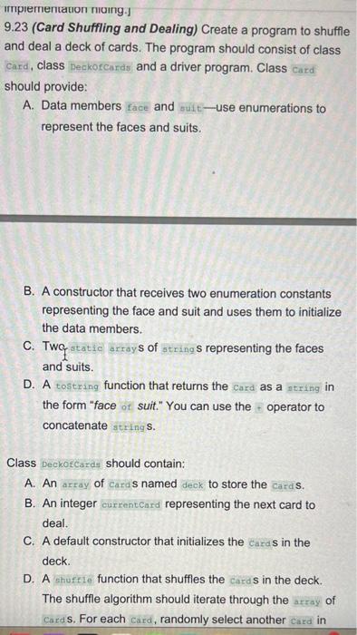 Solved impiementauon muing. 9.23 (Card Shuffling and | Chegg.com