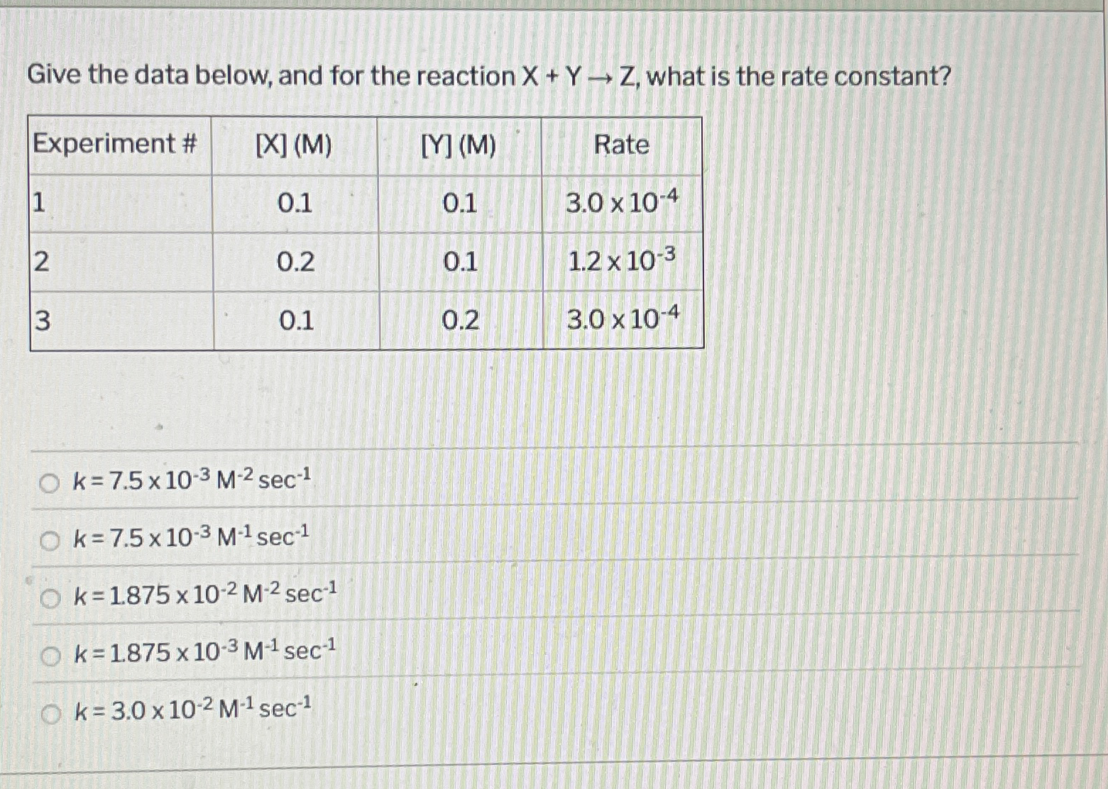 Solved by an EXPERT Give the data below, and for the reaction x+Y→Z, | Chegg.com