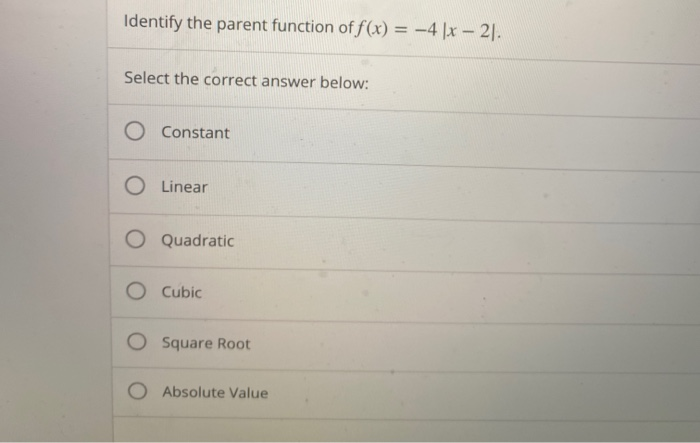 Solved Identify the parent function of f(x) = -4|x - 2). | Chegg.com
