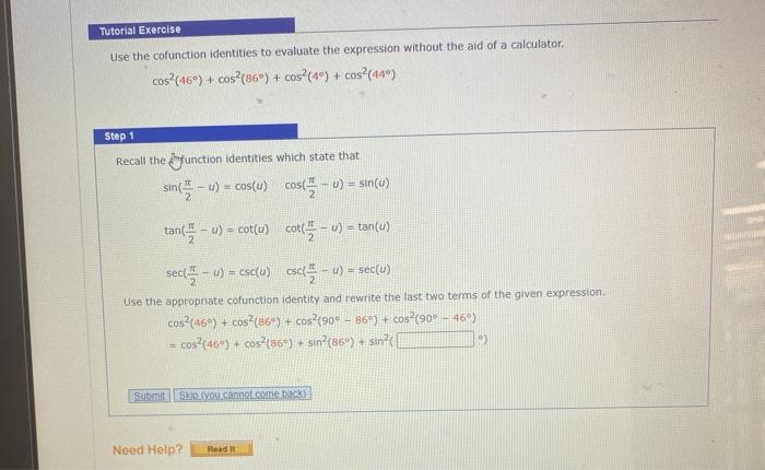 Solved Tutorial Exercise Use the cofunction identities to | Chegg.com
