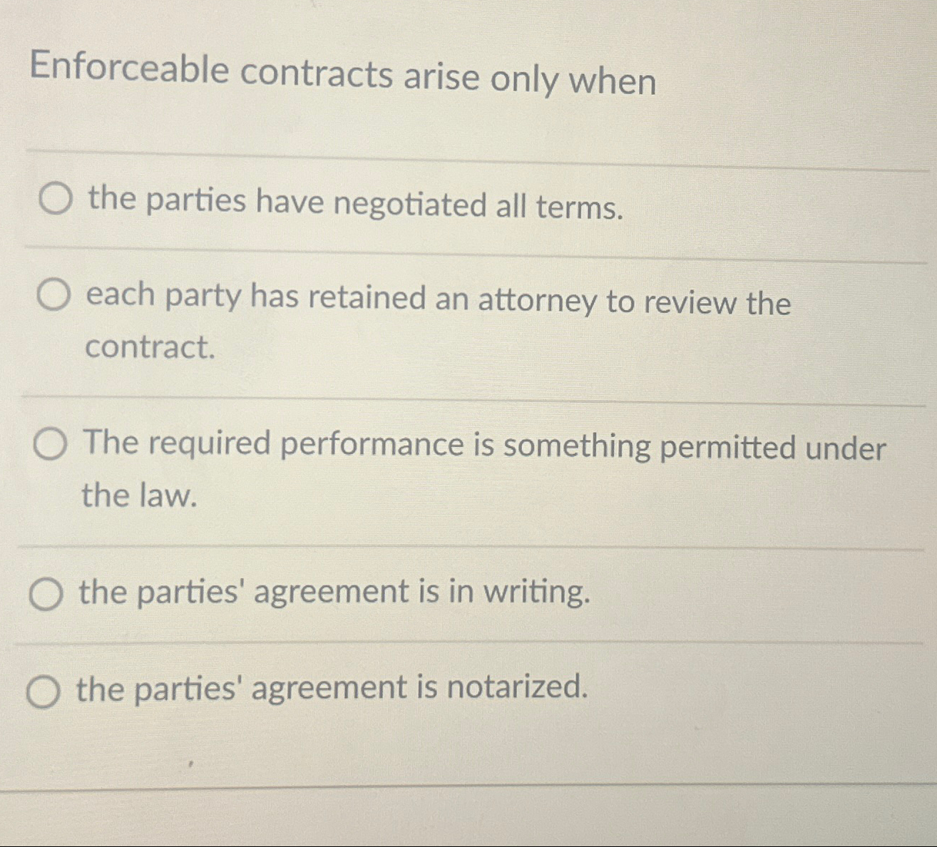 Solved Enforceable contracts arise only when ﻿the parties | Chegg.com