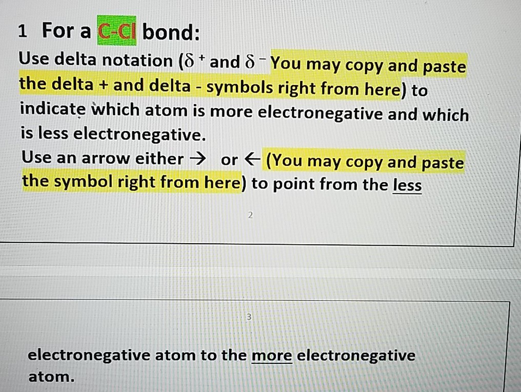 Solved 1 For a C-cl bond: Use delta notation (8+ and S - You | Chegg.com