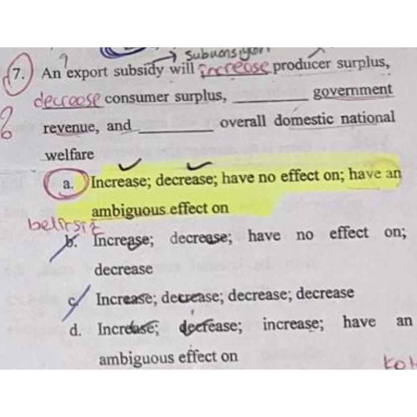 Solved An export subsidy will frereose producer surplus, | Chegg.com