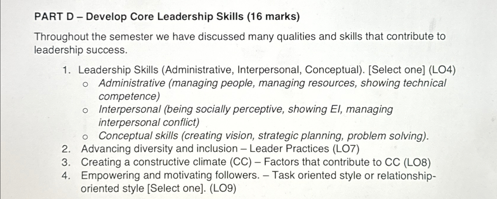 Solved PART D - ﻿Develop Core Leadership Skills (16 | Chegg.com