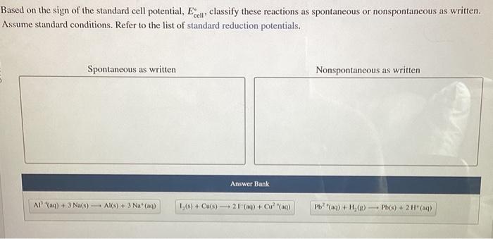 [Solved]: Based on the sign of the standard cell potential,