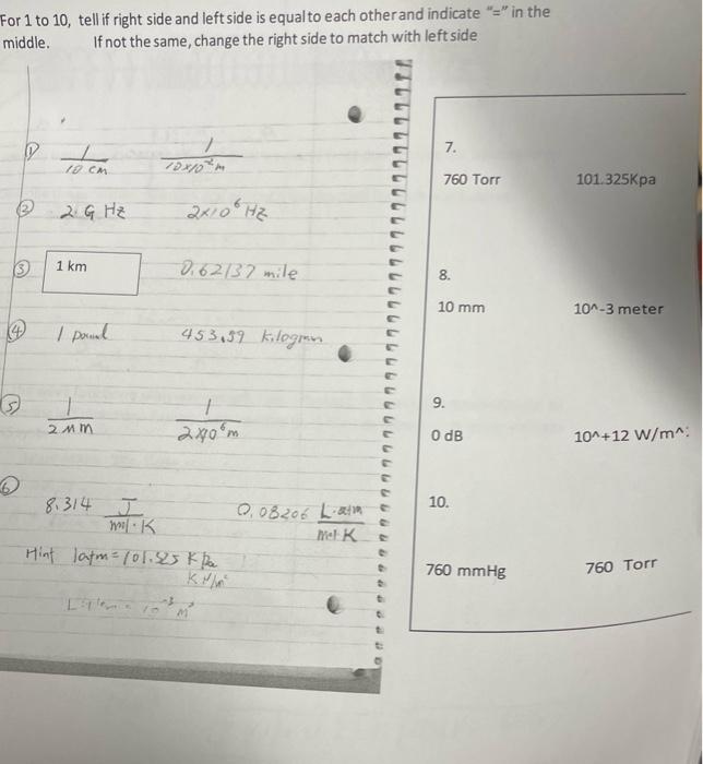 Solved For 1 to 10, tell if right side and left side is | Chegg.com