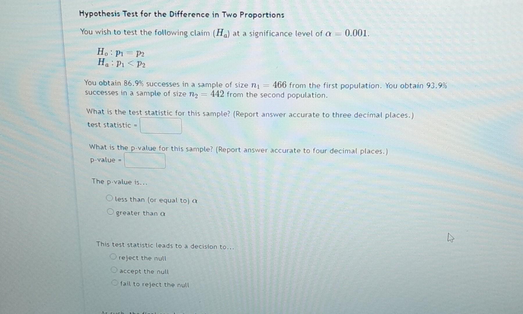 Solved Hypothesis Test for the Difference in Two Proportions | Chegg.com
