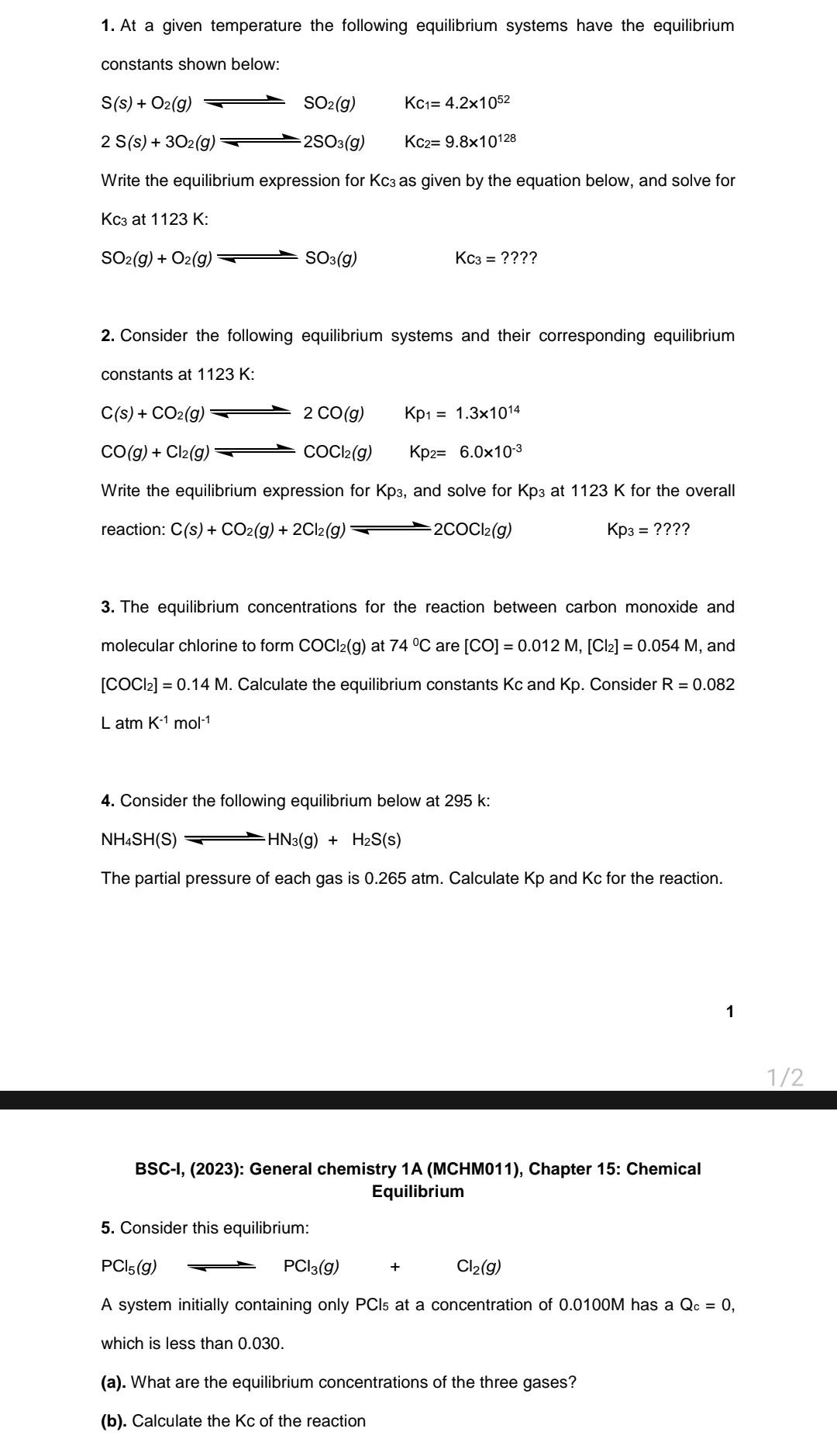 Solved 1. At a given temperature the following equilibrium | Chegg.com