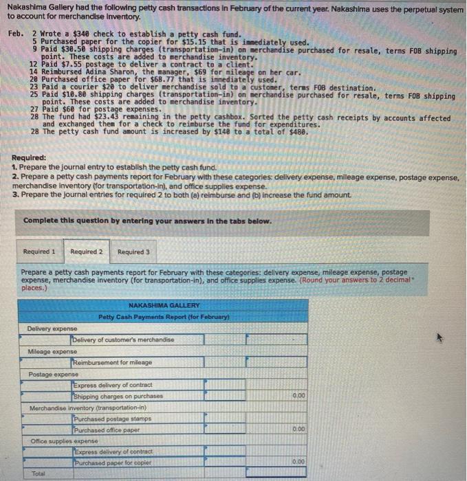 Solved Nakashima Gallery had the following petty cash | Chegg.com