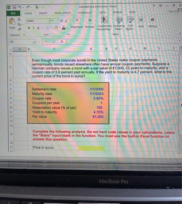 Solved G 1 Calculating A Bond Price Excel 5 File Home 
