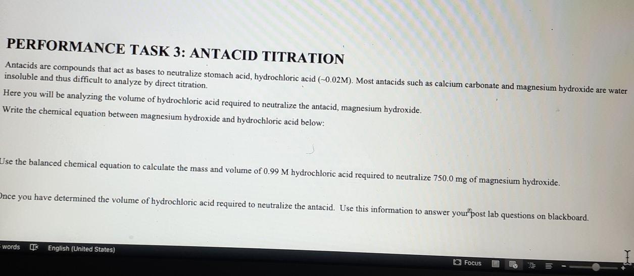 Solved PERFORMANCE TASK 3: ANTACID TITRATION Antacids are | Chegg.com