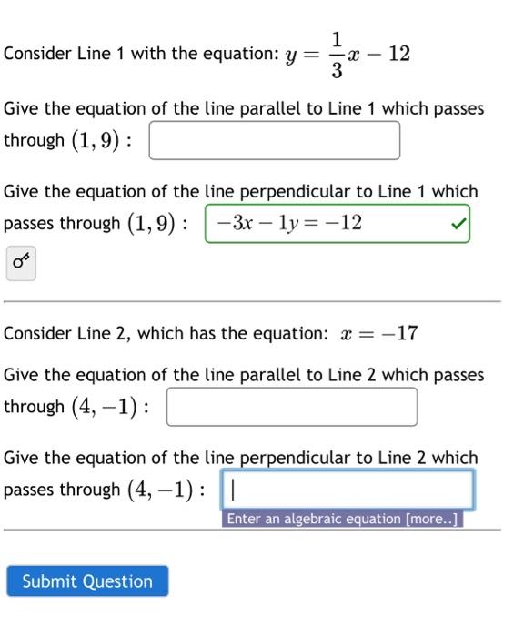 Solved Consider Line 1 with the equation: y=31x−12 Give the | Chegg.com