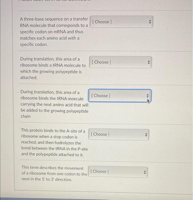 Solved [Choose ] A three-base sequence on a transfer RNA | Chegg.com
