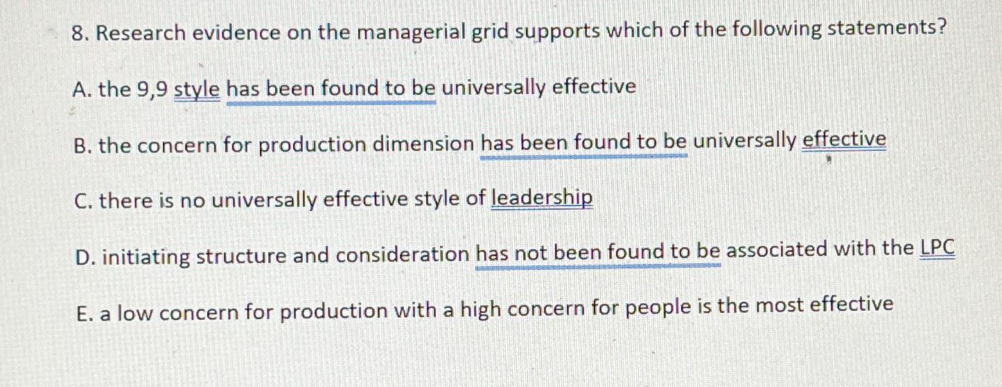 Solved Research evidence on the managerial grid supports | Chegg.com