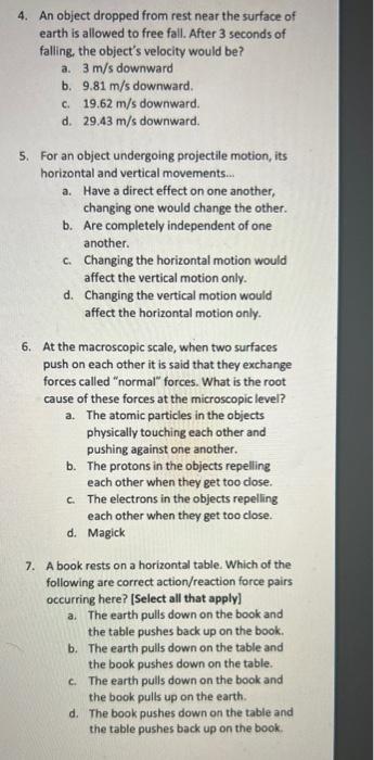 Solved 4. An object dropped from rest near the surface of | Chegg.com