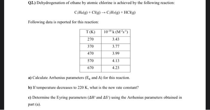 Solved Q2.) Dehydrogenation of ethane by atomic chlorine is | Chegg.com