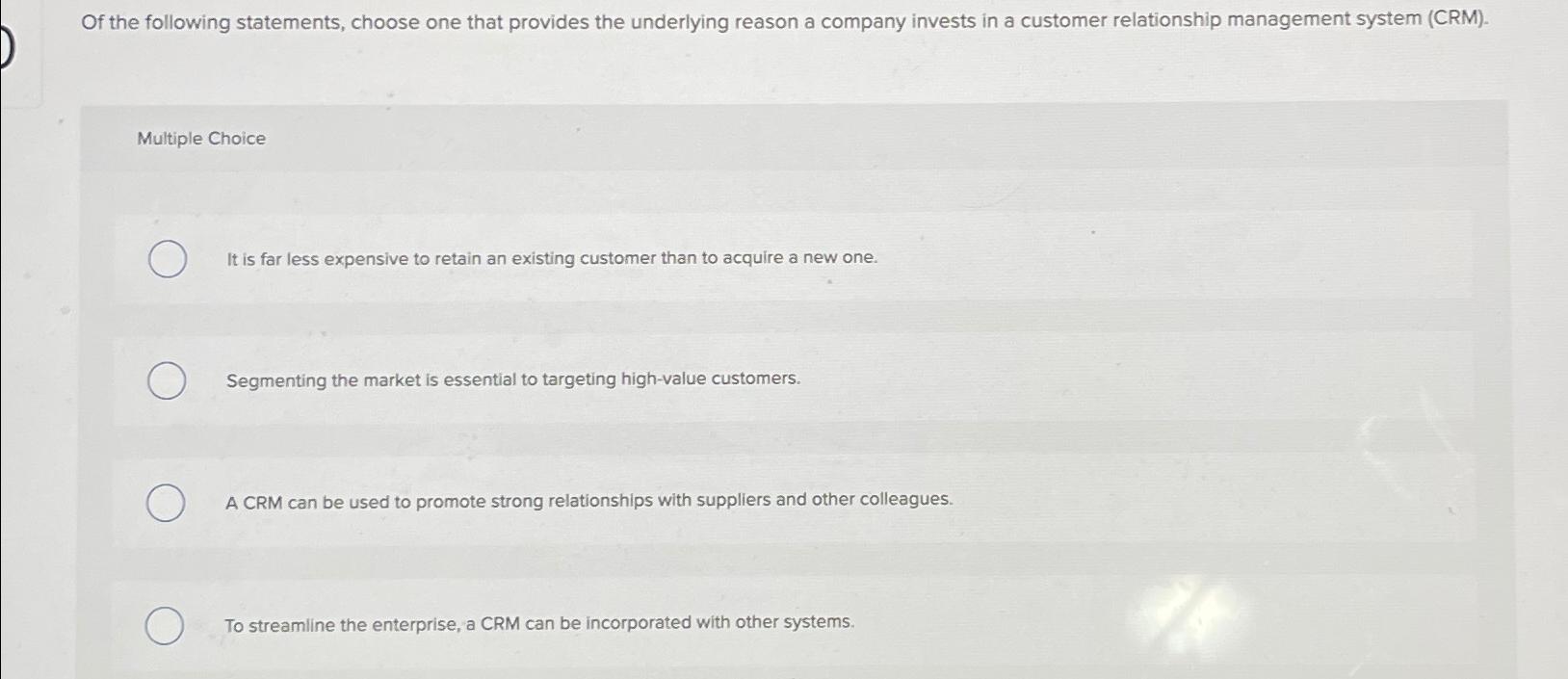 Solved Of the following statements, choose one that provides | Chegg.com