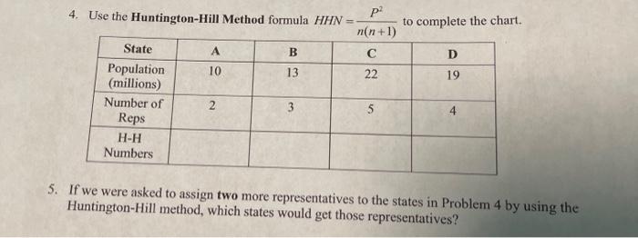 Solved 4. Use the Huntington-Hill Method formula HHN to | Chegg.com