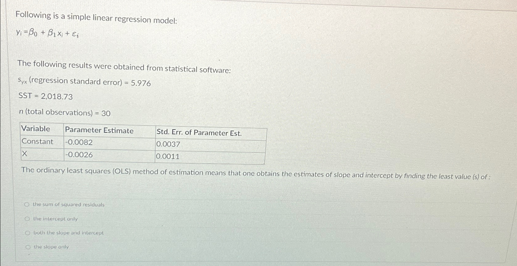 Solved Following is a simple linear regression | Chegg.com