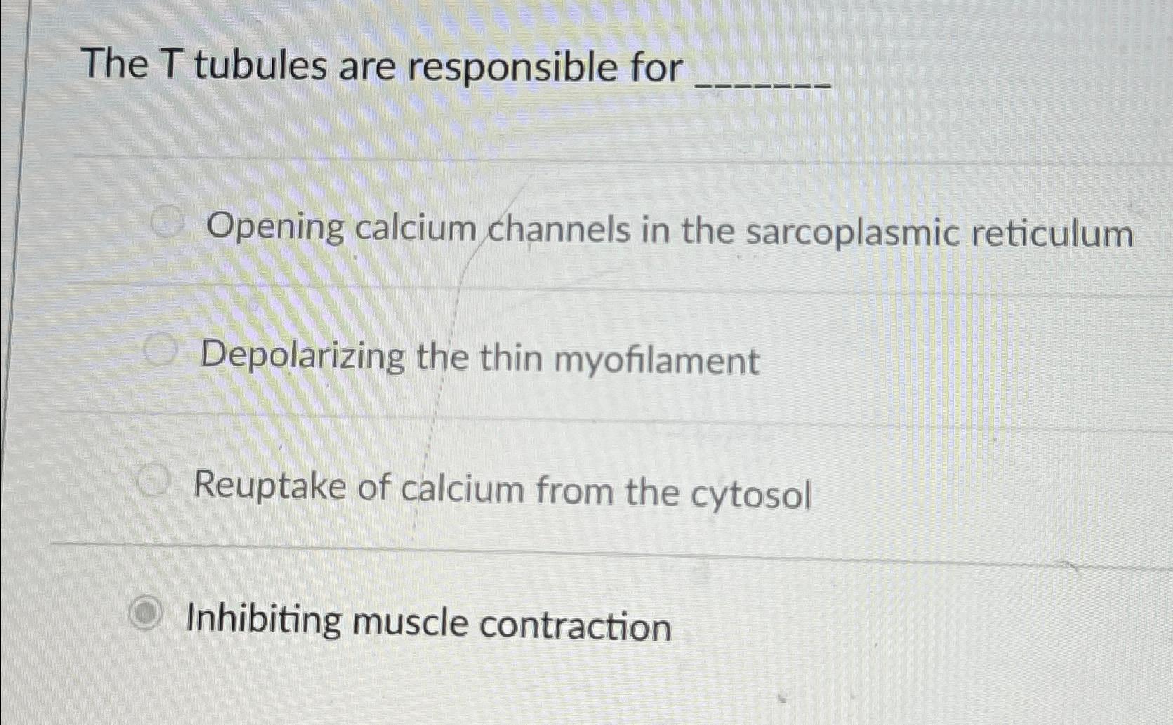 Solved The T ﻿tubules are responsible forOpening calcium | Chegg.com