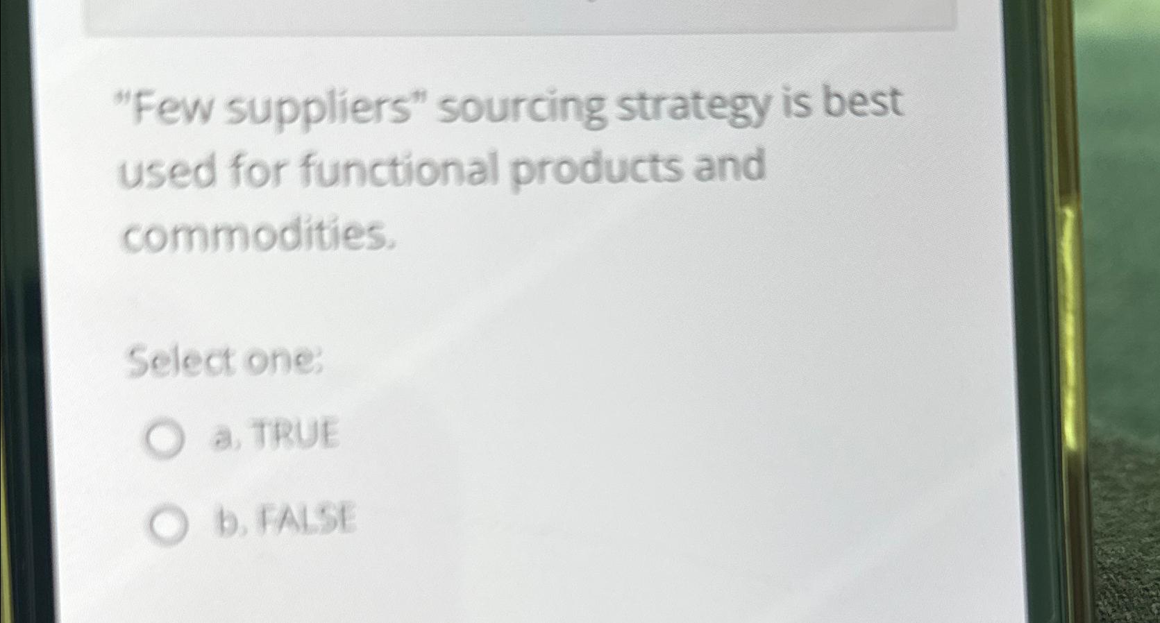 Solved "Few suppliers" sourcing strategy is best used for | Chegg.com