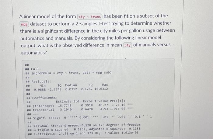 Solved A Linear Model Of The Form Has Been Fit On A Subset
