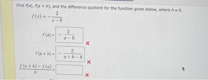 Solved Find f(a),f(a+h), and the difference quotient for the | Chegg.com
