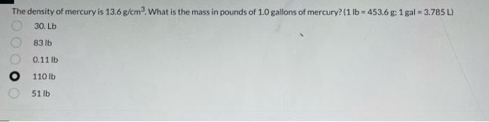 Solved The density of mercury is 13.6 g/cm3. What is the | Chegg.com