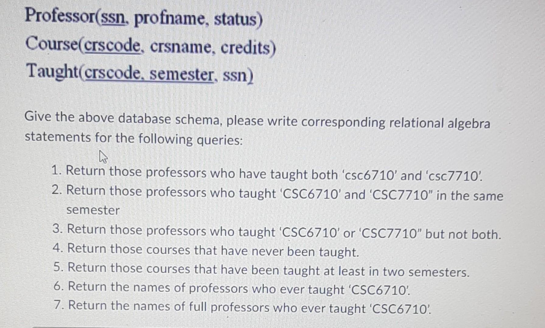 Solved Give the above database schema, please write | Chegg.com