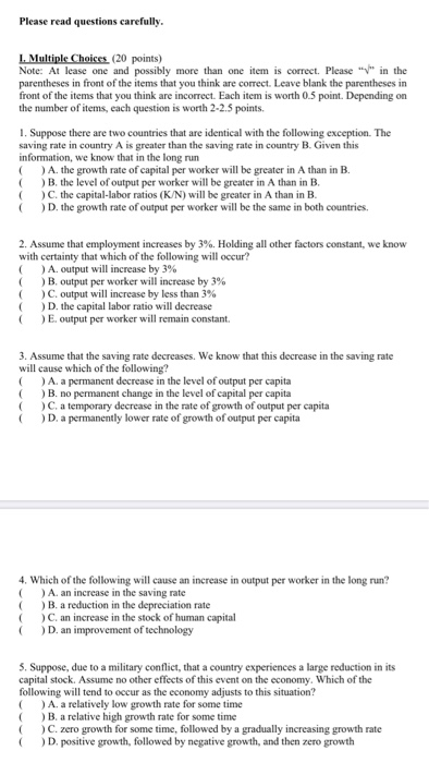 Solved Please read questions carefully. I. Multiple Choices | Chegg.com