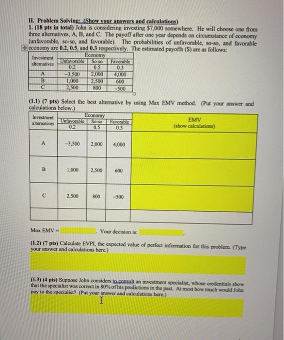 Solved II. Problem Solving: (Show your answers and | Chegg.com