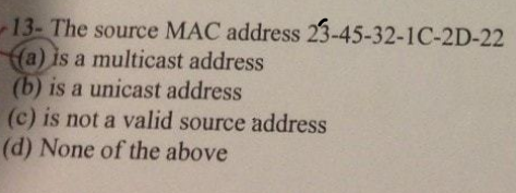 Solved 13- ﻿The source MAC address 23-45-32-1C-2D-22(a) ﻿is | Chegg.com
