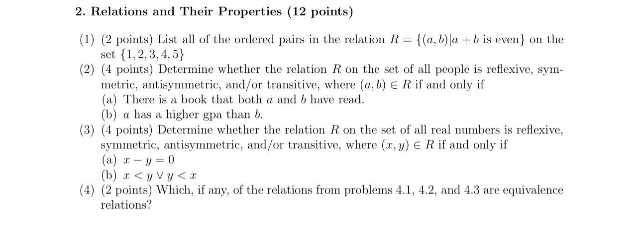Solved Relations and Their Properties (12 ﻿points)(1) (2 | Chegg.com