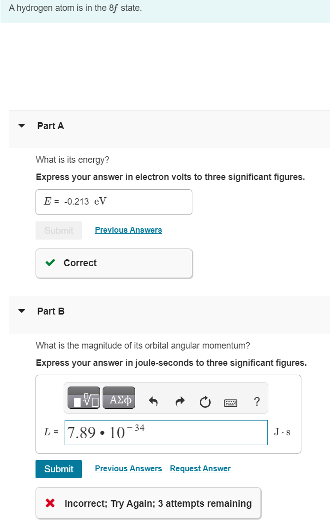 Solved I only need help with part BA hydrogen atom is in the | Chegg.com