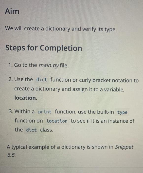 Solved Aim We will create a dictionary and verify its type. | Chegg.com