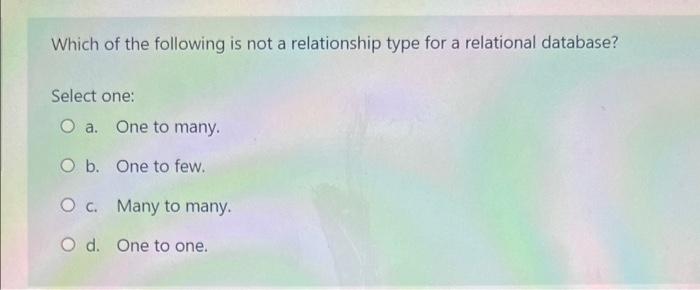 Solved Which of the following is not a relationship type for | Chegg.com