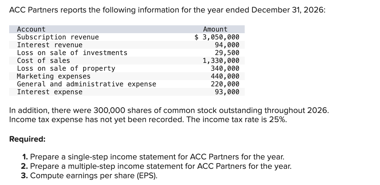 Solved ACC Partners reports the following information for | Chegg.com