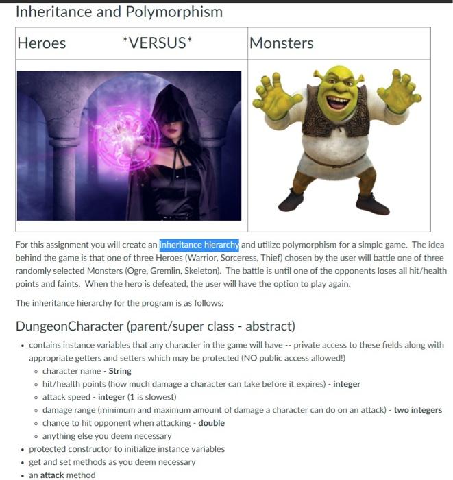 Inheritance and Polymorphism Heroes *VERSUS* Monsters | Chegg.com