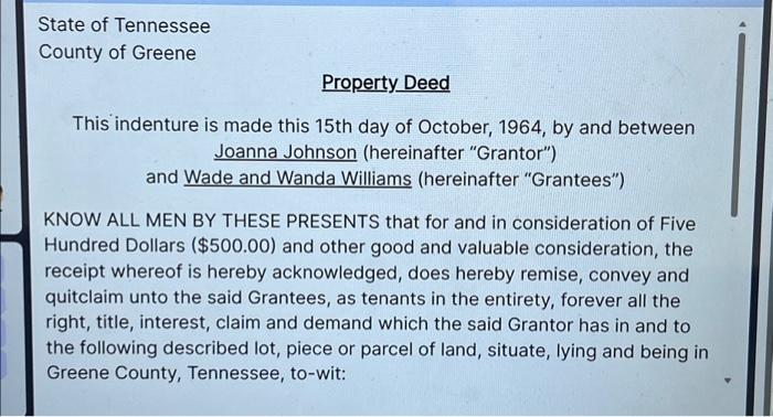 State of Tennessee County of Greene Property Deed | Chegg.com