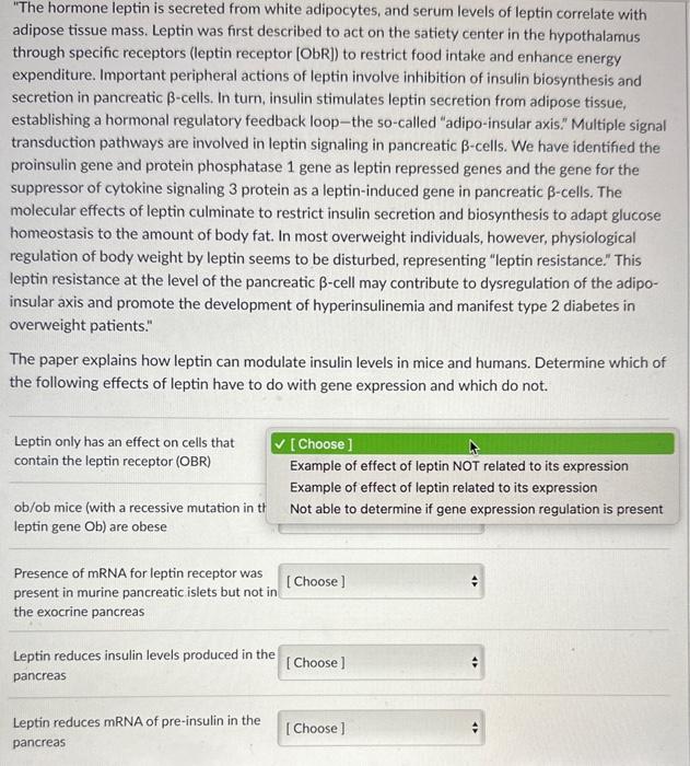 Solved "The hormone leptin is secreted from white | Chegg.com
