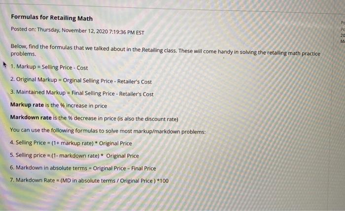 Solved Formulas for Retailing Math Posted on: Thursday, | Chegg.com