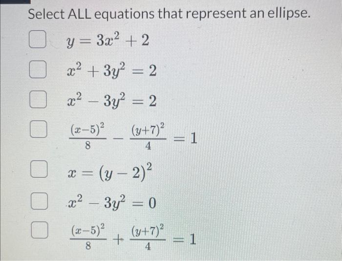 Solved Select ALL equations that represent an ellipse. | Chegg.com