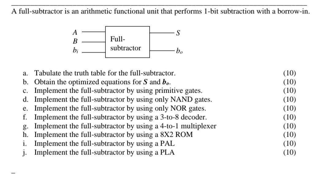 Solved A full-subtractor is an arithmetic functional unit | Chegg.com