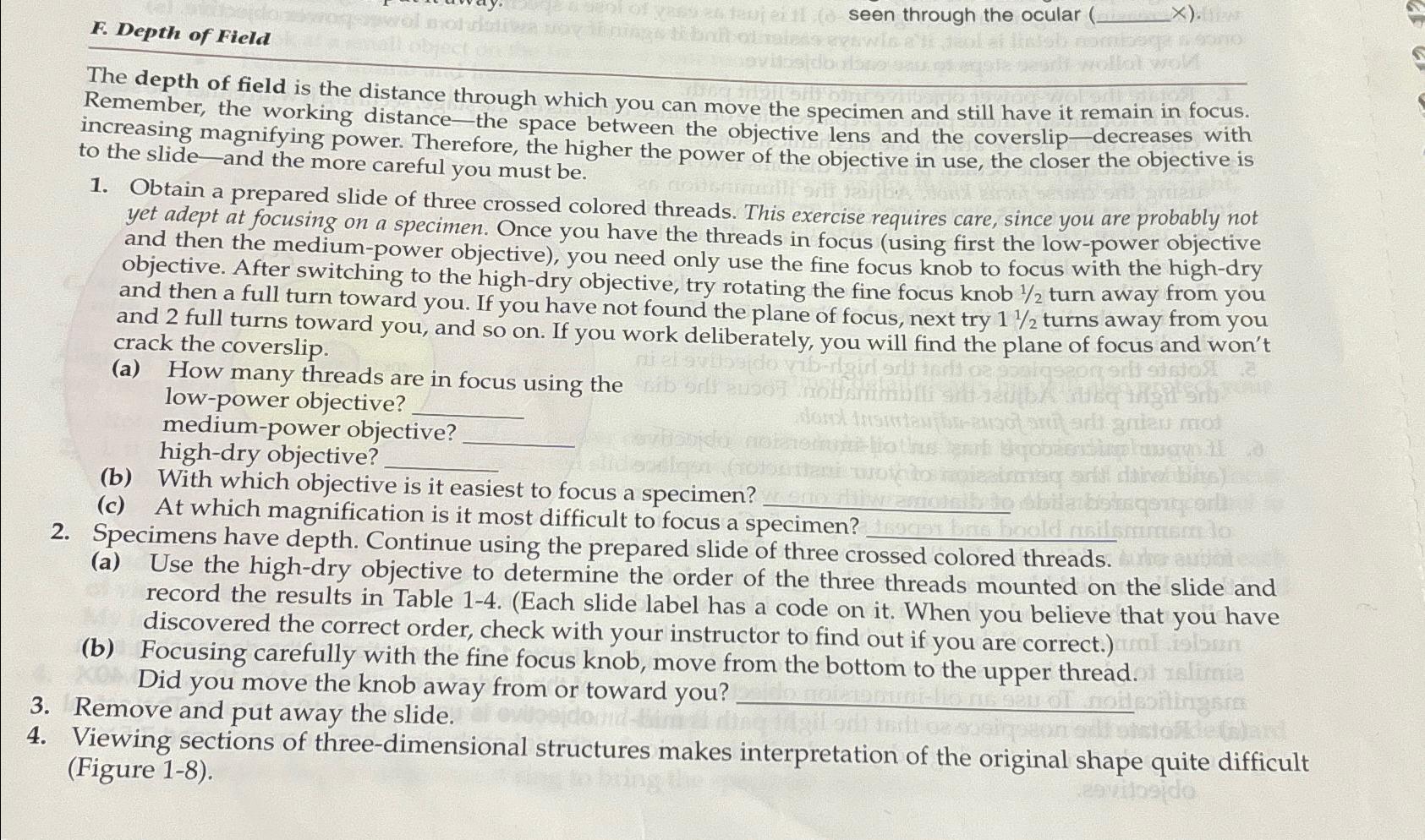 Solved F. ﻿Depth of Fieldseen through the ocularx).The depth | Chegg.com