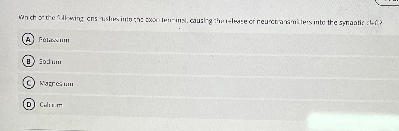 Solved Which Of The Following Ions Rushes Into The Axon