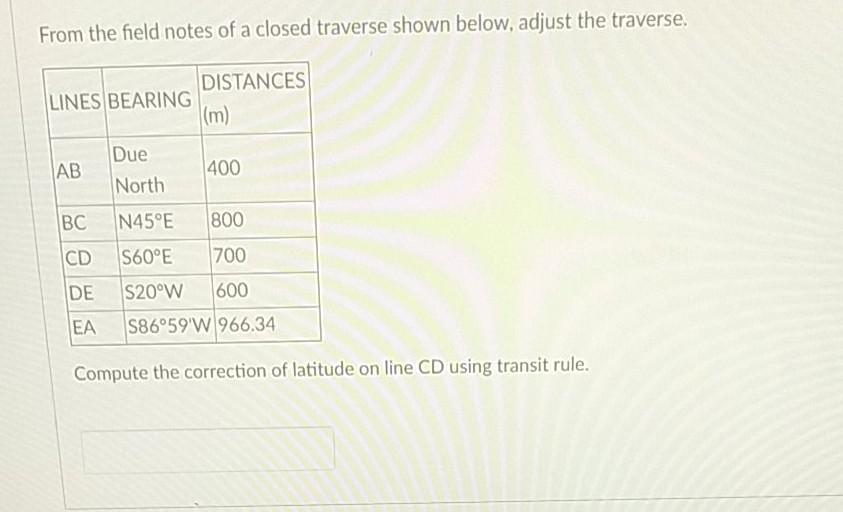 Solved From the field notes of a closed traverse shown | Chegg.com