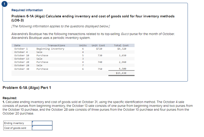 Solved Required InformationProblem 6-1A (Algo) ﻿Calculate | Chegg.com