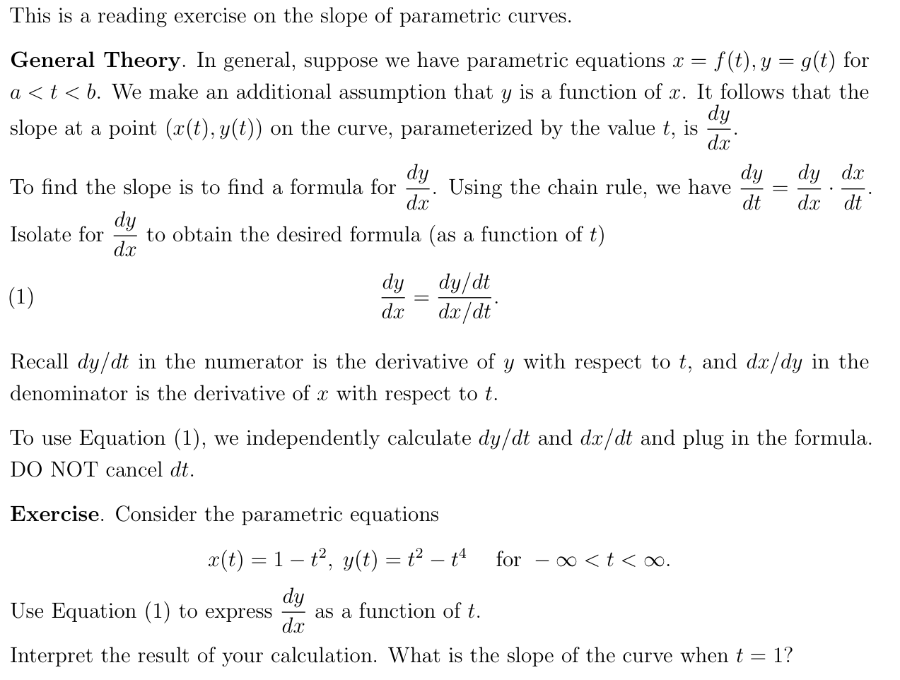 Solved This is a reading exercise on the slope of parametric | Chegg.com