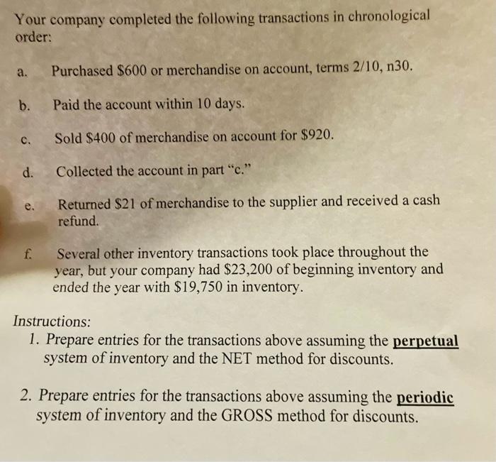 Solved Your company completed the following transactions in | Chegg.com