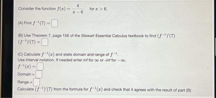 Solved Consider the function f(x)=x−64 for x>6. (A) Find | Chegg.com